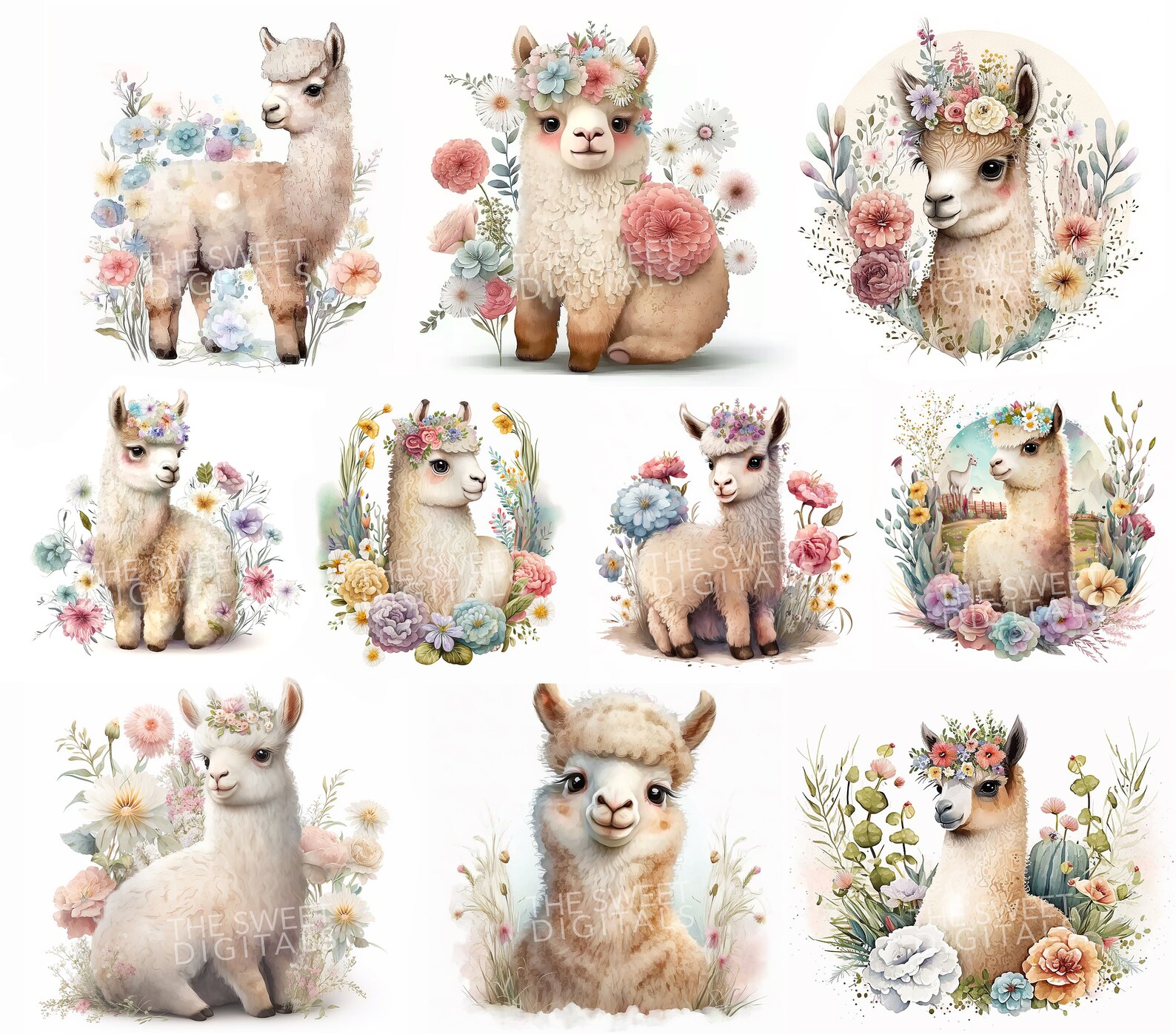 Watercolor Llamas, Clipart Pack, Baby Llamas, Clip Art for Commercial ...