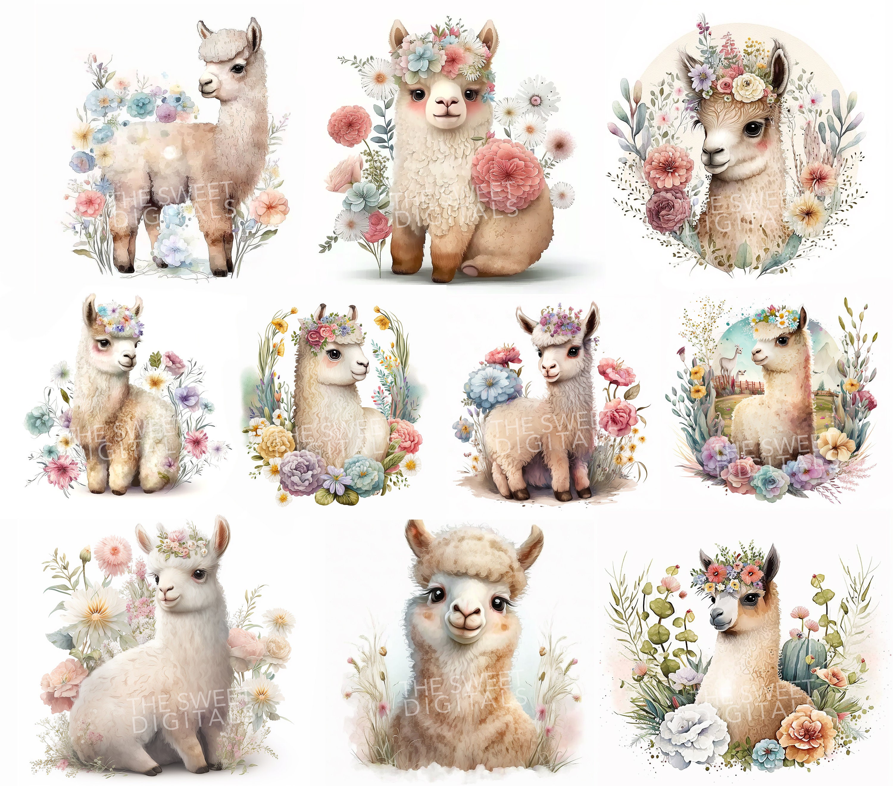 Watercolor Llamas, Clipart Pack, Baby Llamas, Clip Art for Commercial ...