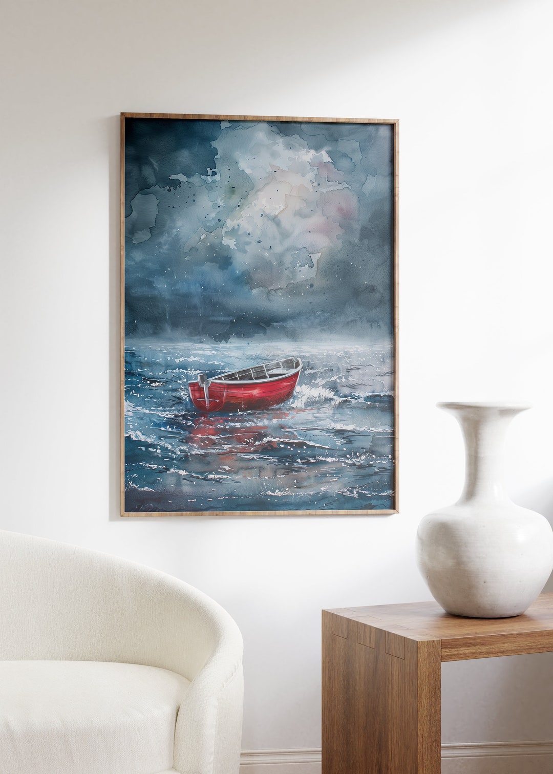 Red Rowboat in Stormy Sea - Watercolour Print | Nautical Wall Art ...