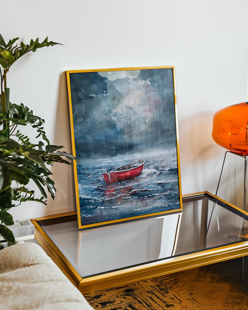Red Rowboat in Stormy Sea - Watercolour Print | Nautical Wall Art ...