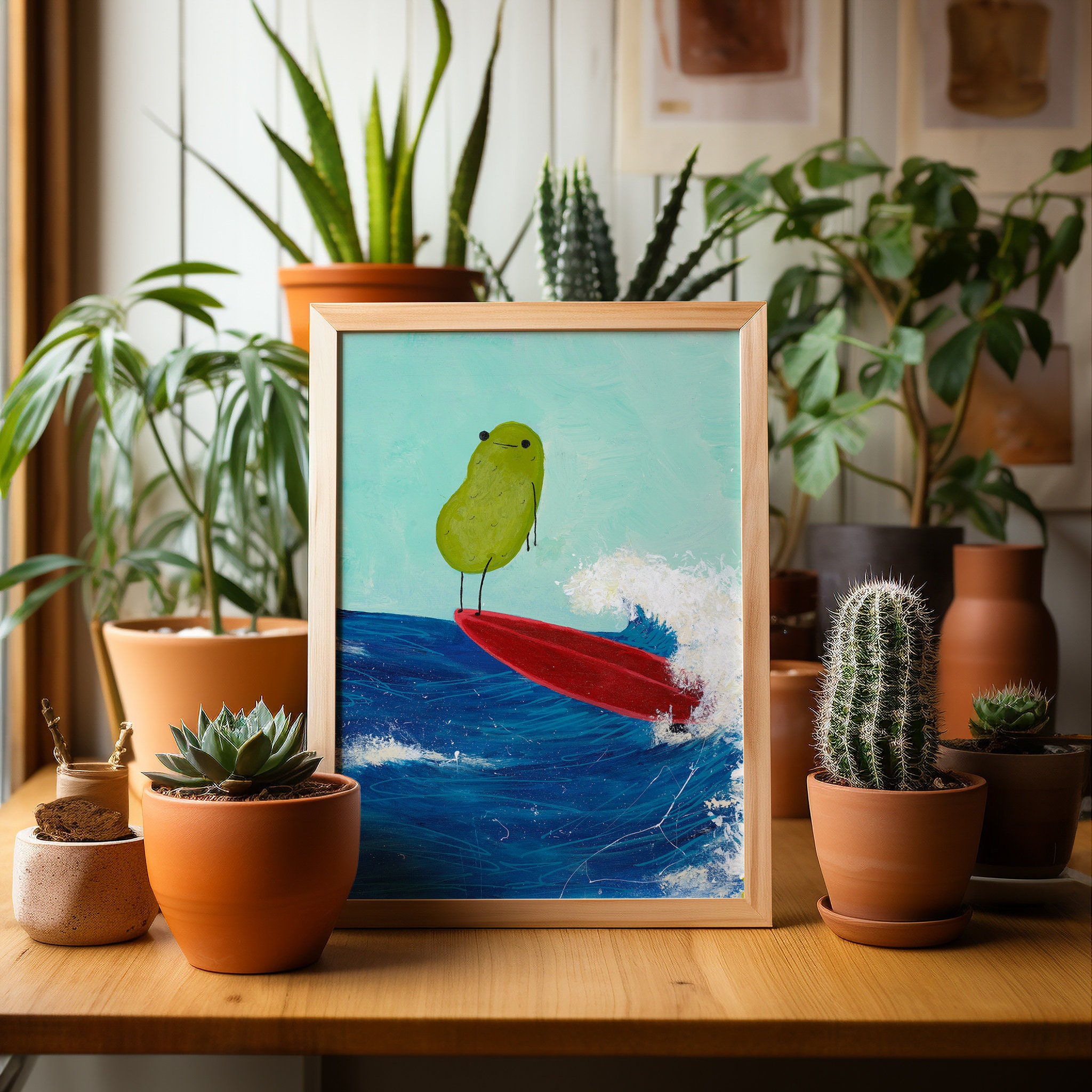 Surfing Pickle Art Print: Whimsical Food Painting - Etsy