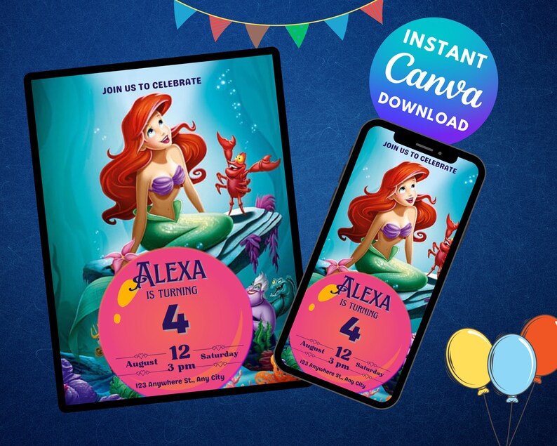 Invitación de cumpleaños de La Sirenita, plantilla de invitaciones de ...