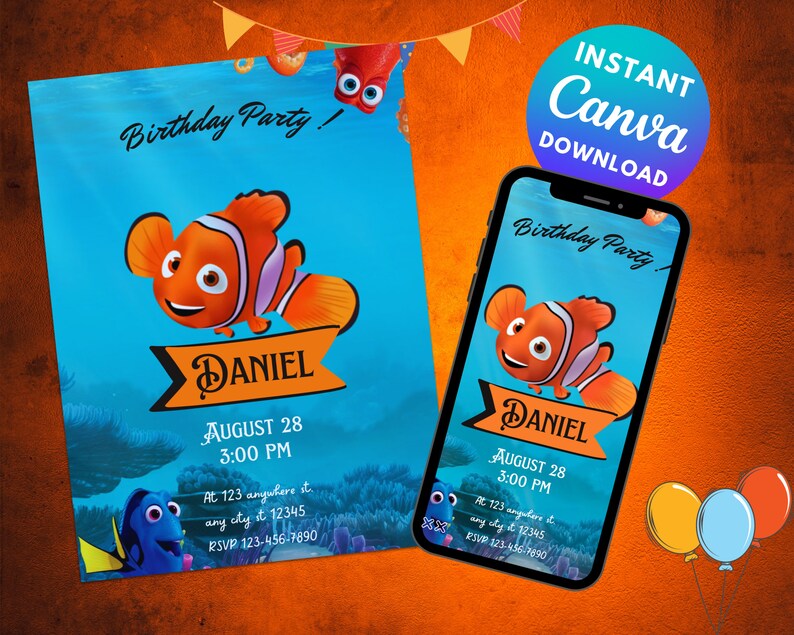 Nemo Birthday Invitation, Birthday Party Invites Template, Printable ...