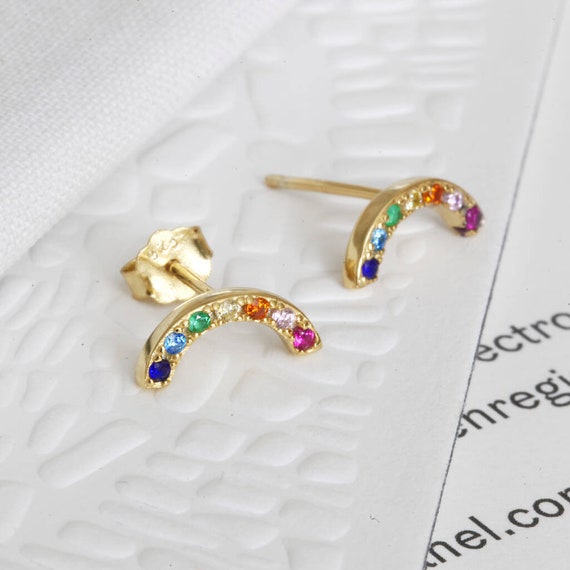 Gold Rainbow Gemstone Stud Earrings Gold Rainbow Stud Earrings 18K Gold Plated Rainbow Studs Gold Plated Sterling Silver Rainbow Stud Etsy