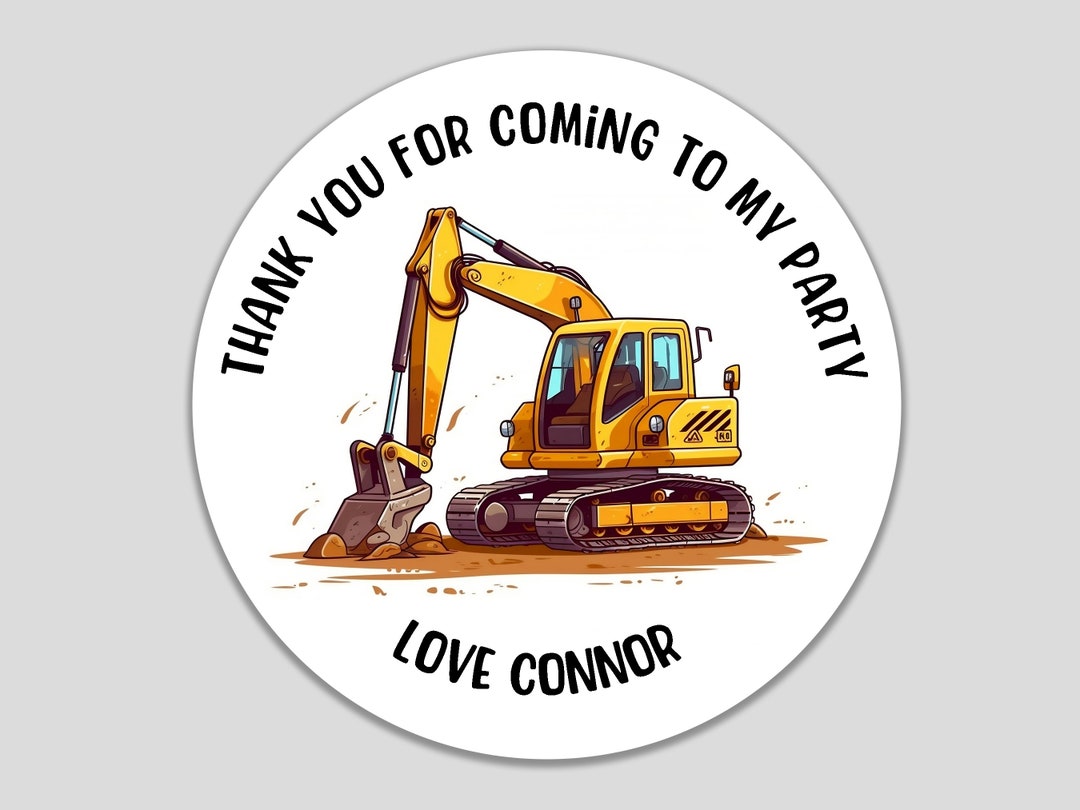 Personalised Construction Excavator Stickers Thank You Birthday Party ...