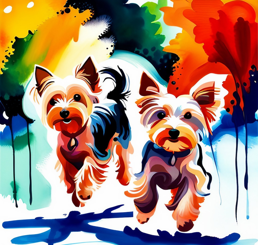 Two Yorkies Running | AI Generated Abstract Art | Dogs | 12x12, 16x20 ...