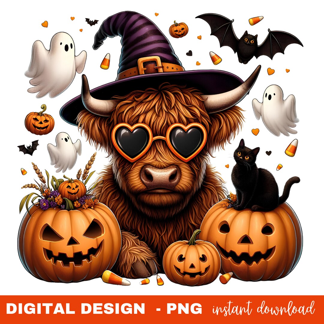 Halloween Highland Cow PNG, Retro Halloween Png, Bull Png, Ghost Cows ...