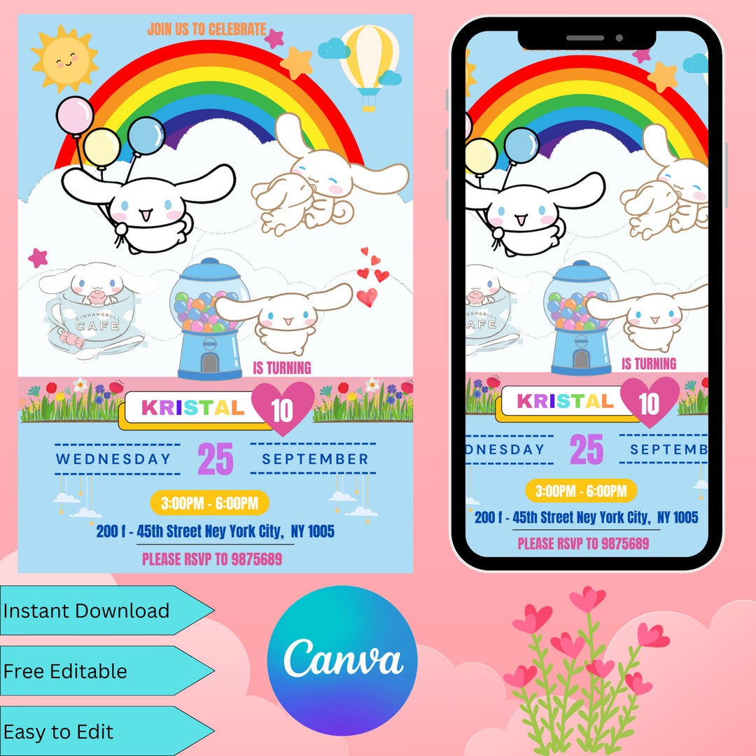 Cinna Mon Roll Character Birthday Party Invitation, Kitty and Friends ...