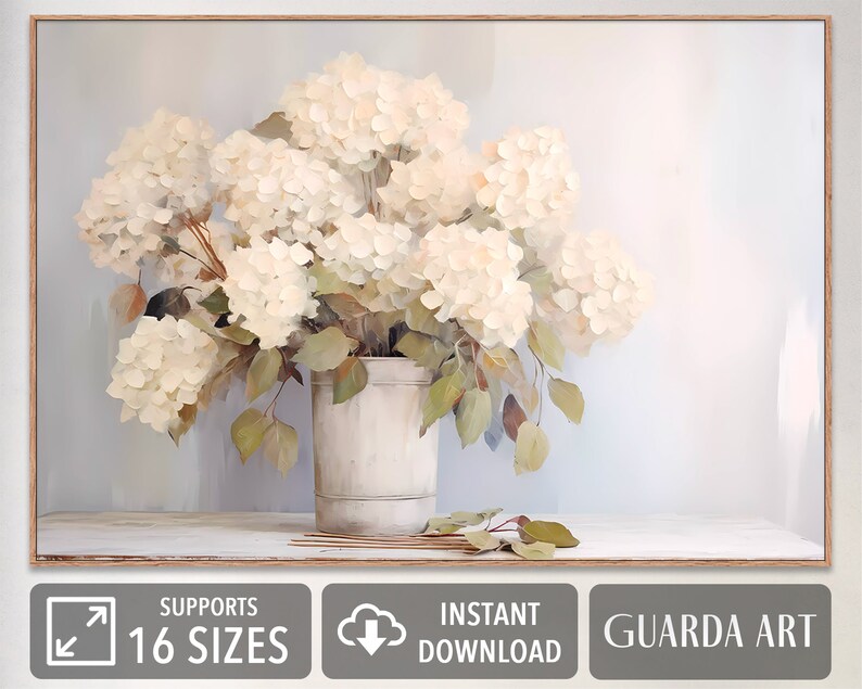 White Hydrangea Bouquet in Vase - Printable Wall Art Beige Neutral ...