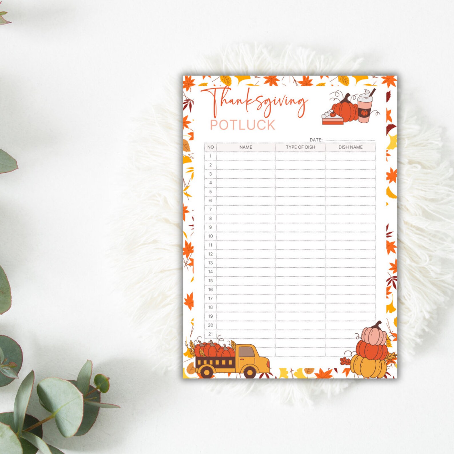 Thanksgiving Potluck Sign up Sheet, Fall Potluck Sheet, Thanksgiving ...
