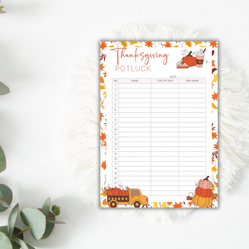 Thanksgiving Potluck Sign up Sheet, Fall Potluck Sheet, Thanksgiving ...