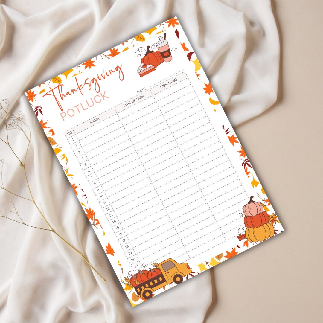 Thanksgiving Potluck Sign up Sheet, Fall Potluck Sheet, Thanksgiving ...