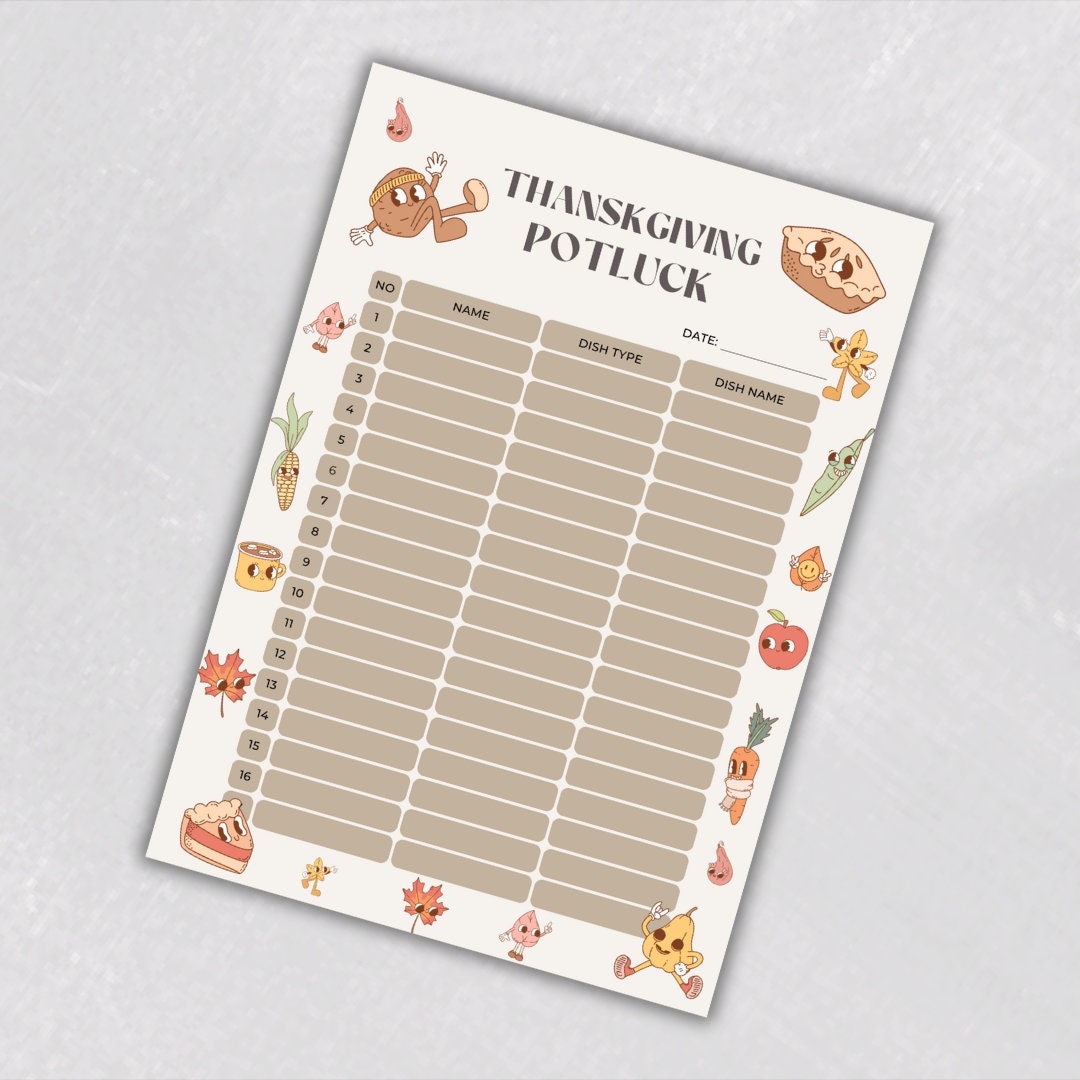 Thanksgiving Potluck Sign up Sheet, Retro Fall Potluck Sheet ...
