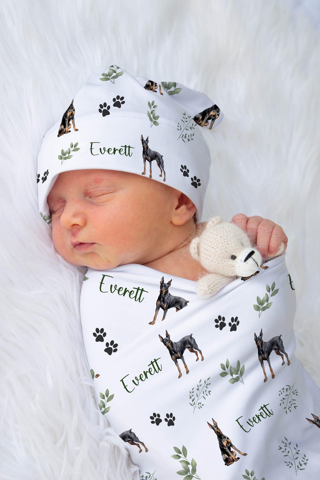 Doberman Swaddle Blanket With Name Dobie Swaddle and Hat Custom Dog ...
