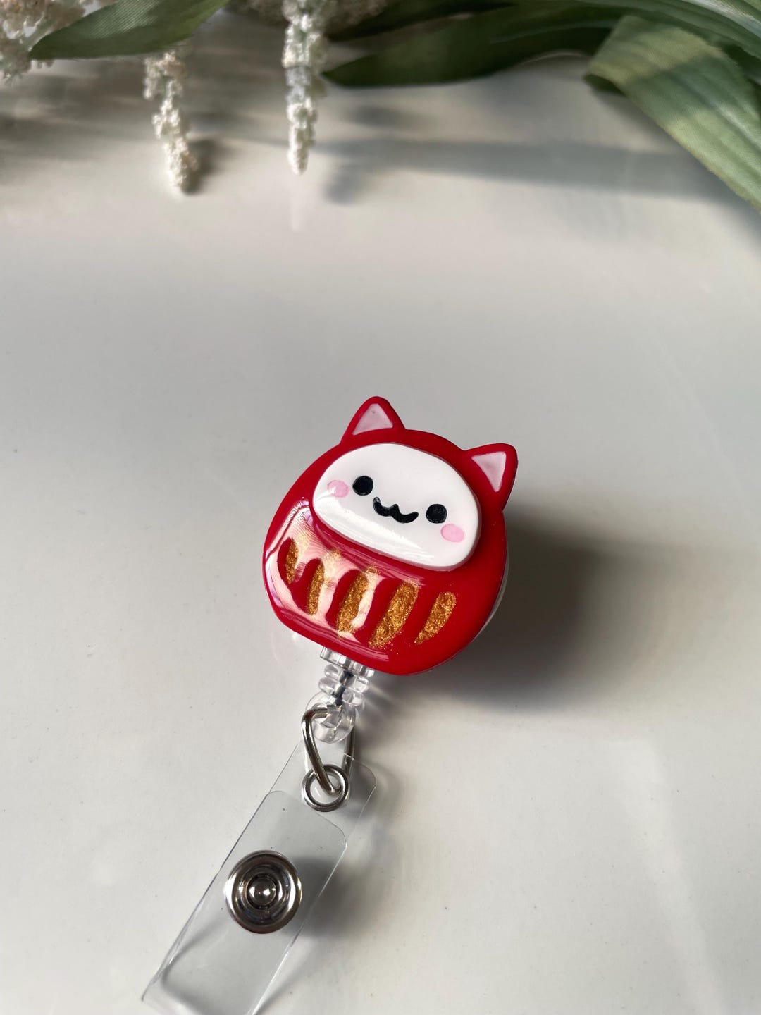 Cat Neko Daruma Custom Badge Reels Handmade Polymer Clay ID Badge Reel ...