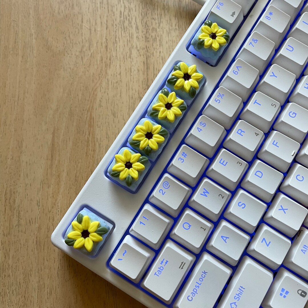 Sunflower Silver Leaf Specked Baby Blue Handmade Artisan Pudding Keycap ...