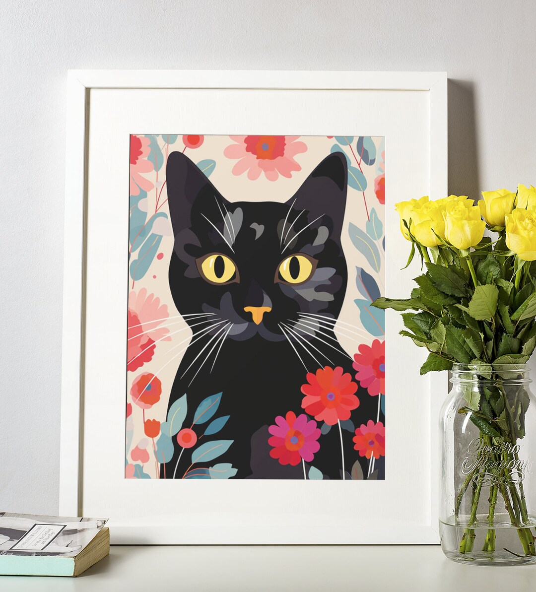 Boho Cat Digital Wall Art, Vintage Cat Art Print, Cat-themed Decor ...