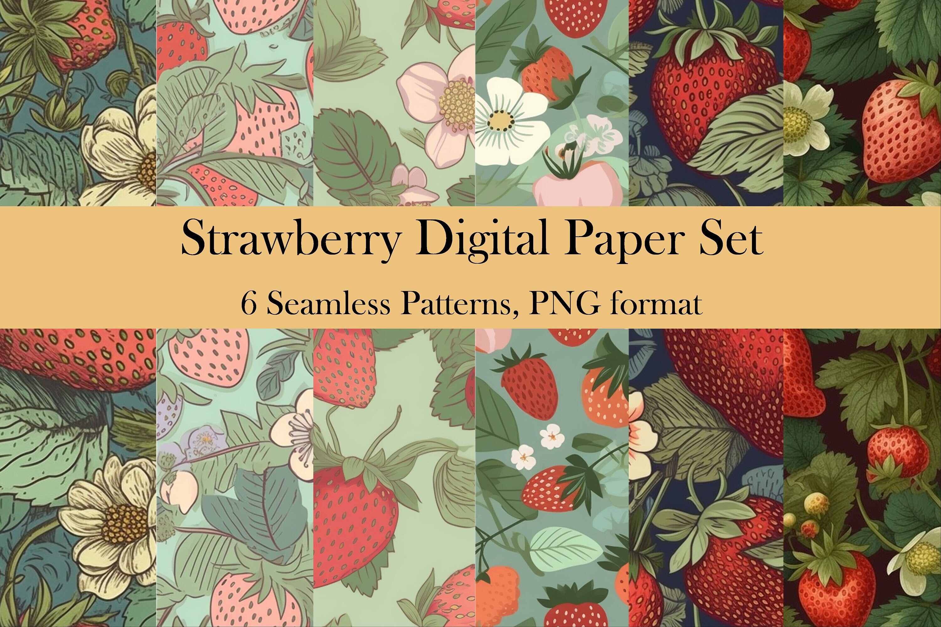 Cottagecore Strawberry Digital Patterns | 6 Seamless Digital Paper PNG ...