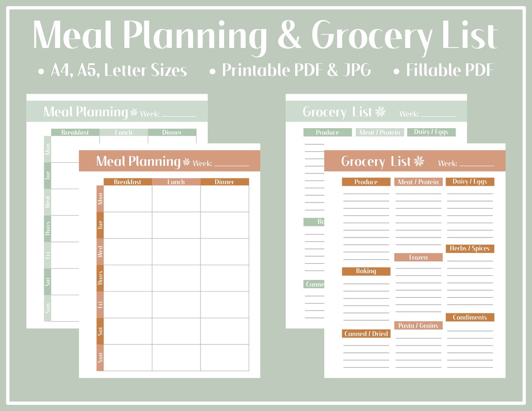 Meal Planning & Grocery List Printable | Digital Download - Etsy