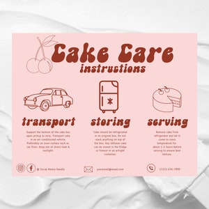 Cake Care Card, Cake Care Instructions, Small Business Bakery Template ...