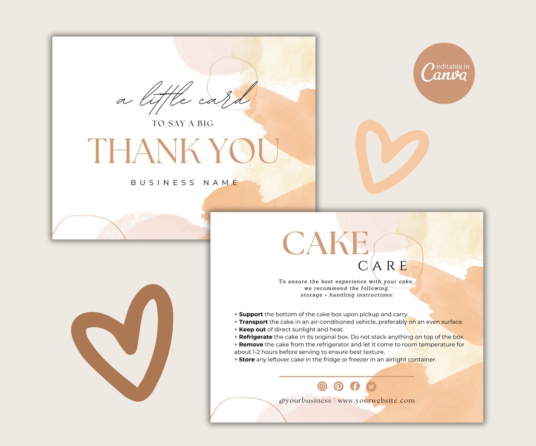 Cake Care Card, Cake Care Instructions, Cake Card, Small Business ...