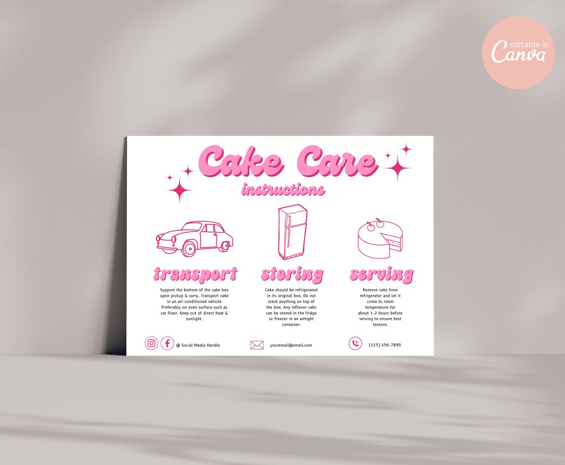 Cake Care Card, Cake Care Instructions, Cake Cutting Guide, Printable ...