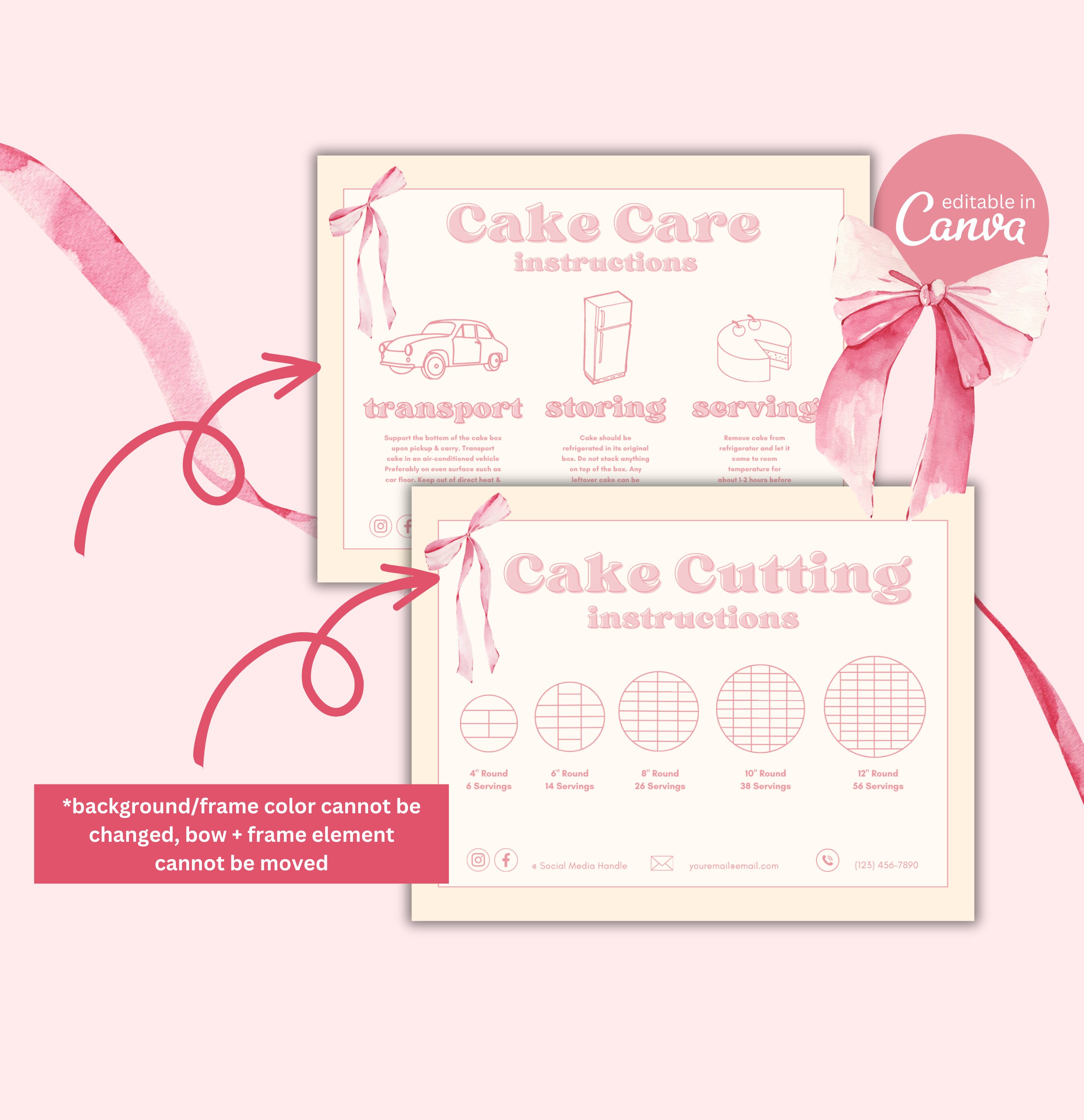 Cake Care Card, Cake Care Instructions, Bow Coquette, Small Business ...