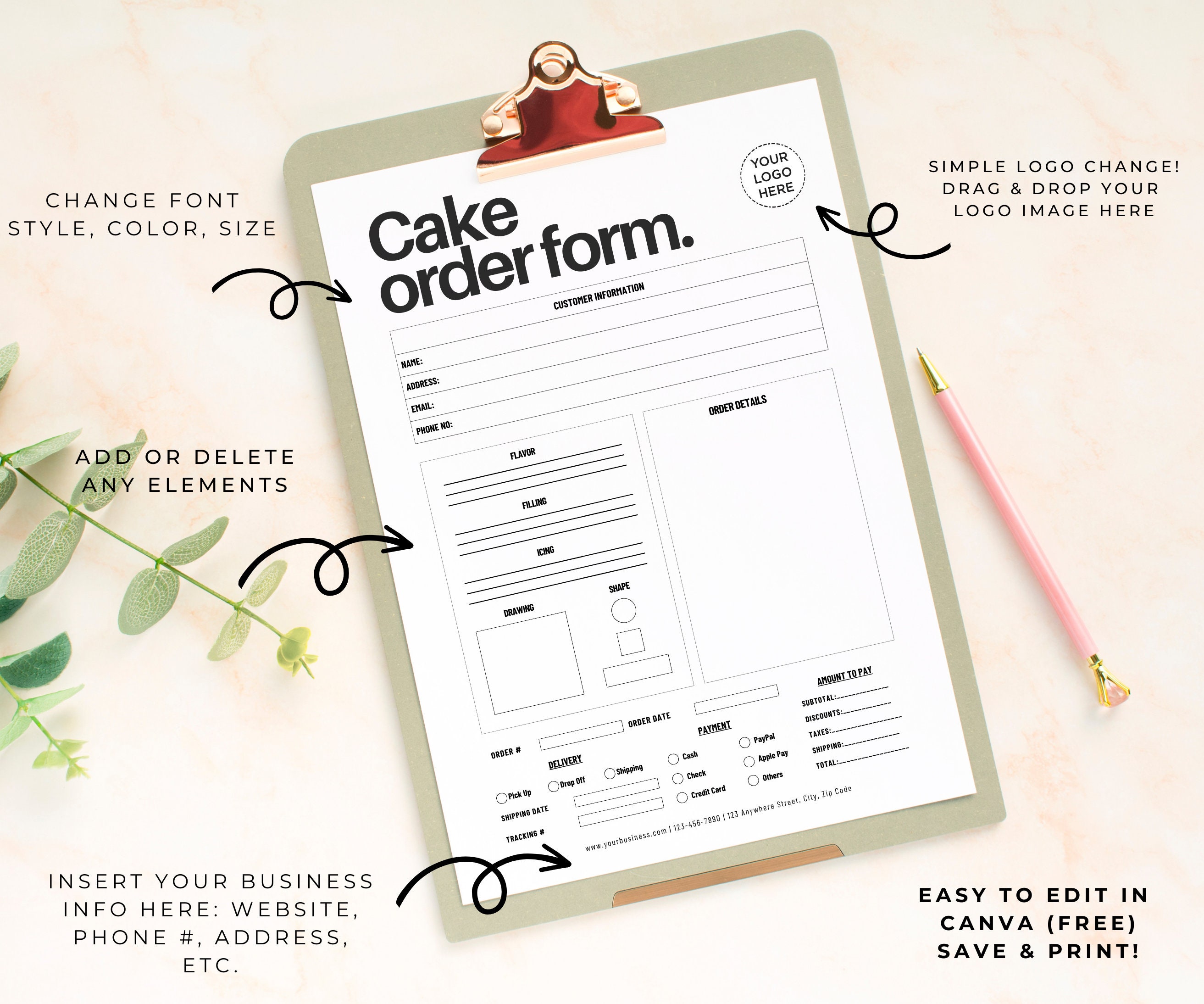 Minimalist Cake Order Form Template Canva Cake Business - Etsy