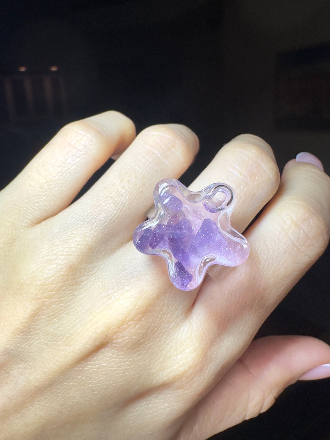 Gemstone Flower Ring Shaker Amethyst, Bubble Shaker Ring, Glass Bubble ...