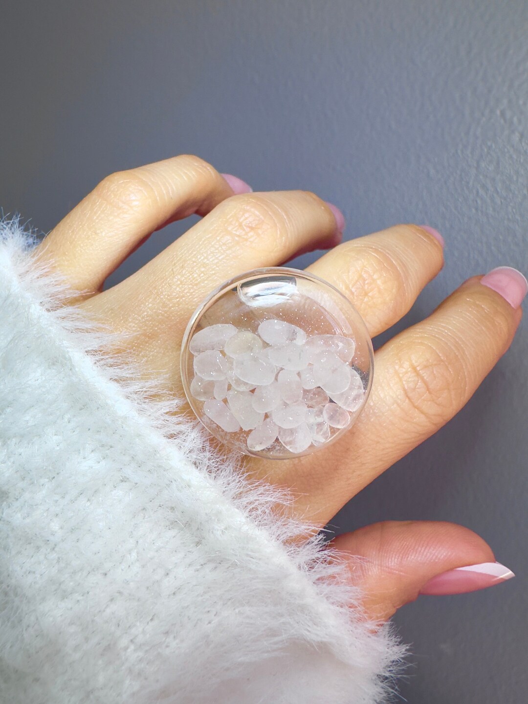 Rose Quartz Shaker Ring, Bubble Shaker Ring, Glass Bubble Ring, Liquid ...