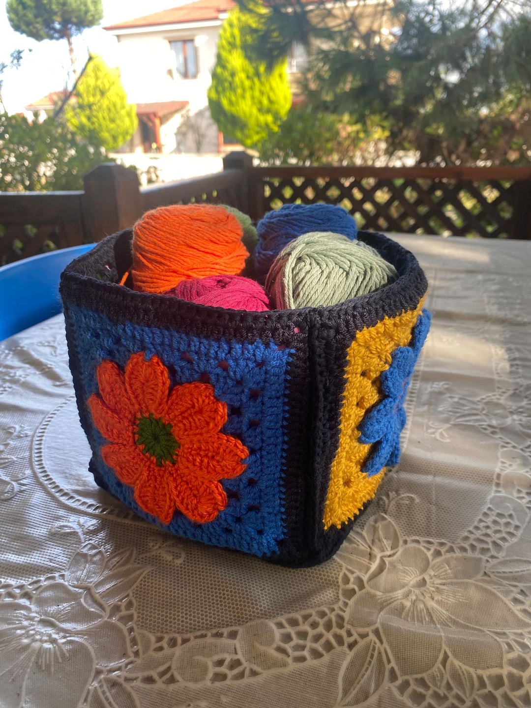 Granny Square Box Storage Basket, Storage, Floral, Handmade, Crochet ...