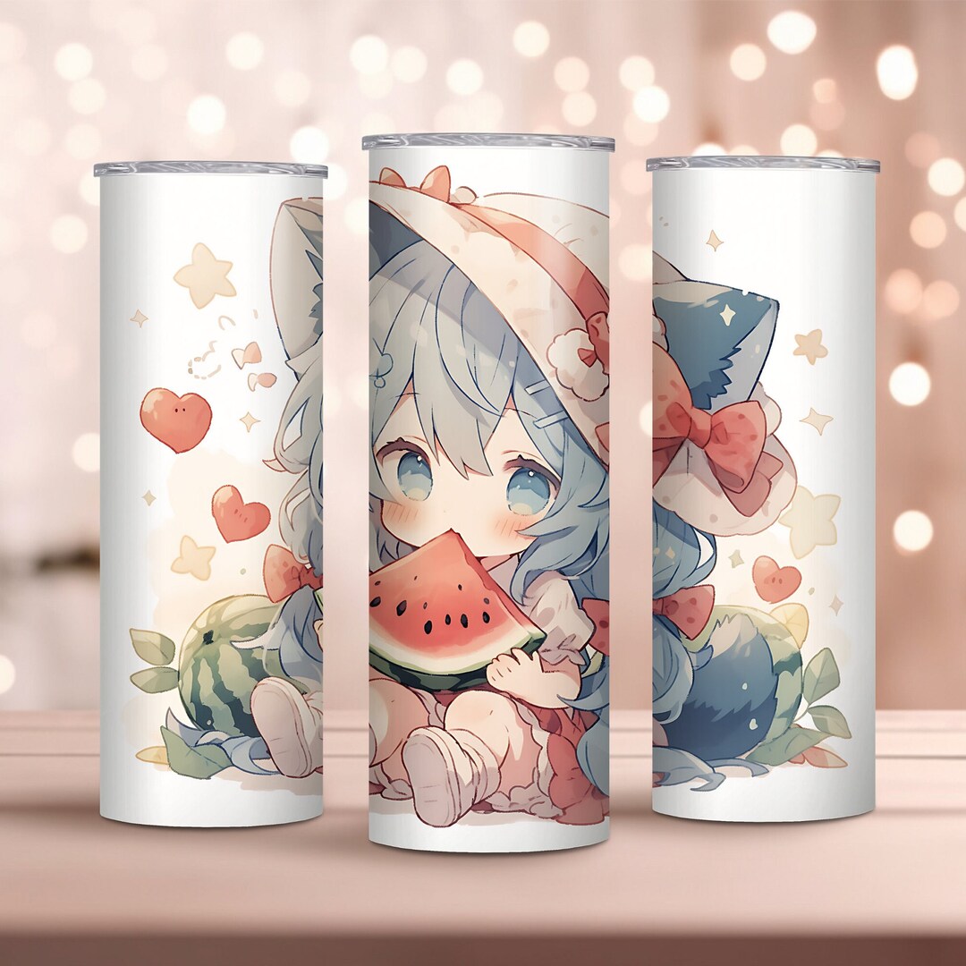 Refreshing Bites: Anime Girl Enjoying Watermelon 20oz Skinny Tumbler ...