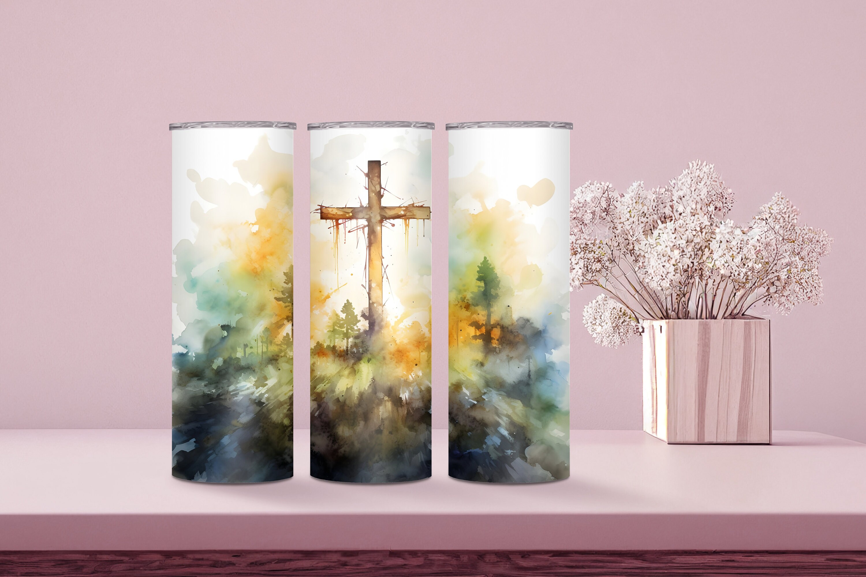 Christian Cross Watercolor Sublimation Design - 20 Oz Skinny Tumbler ...