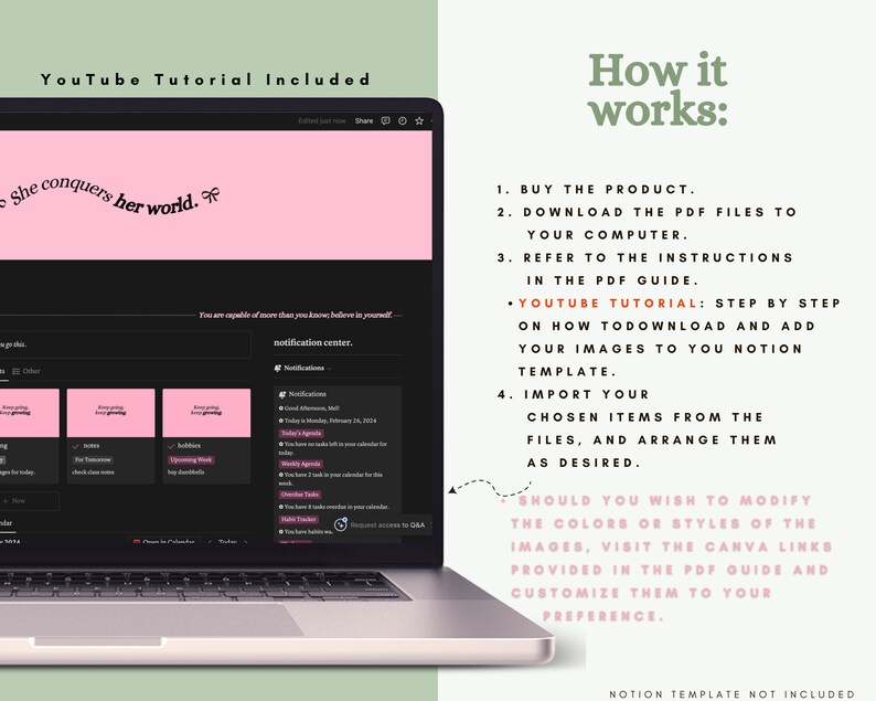 Notion Customization, Cute Aesthetic Bundle, That Girl Planner, Pink ...