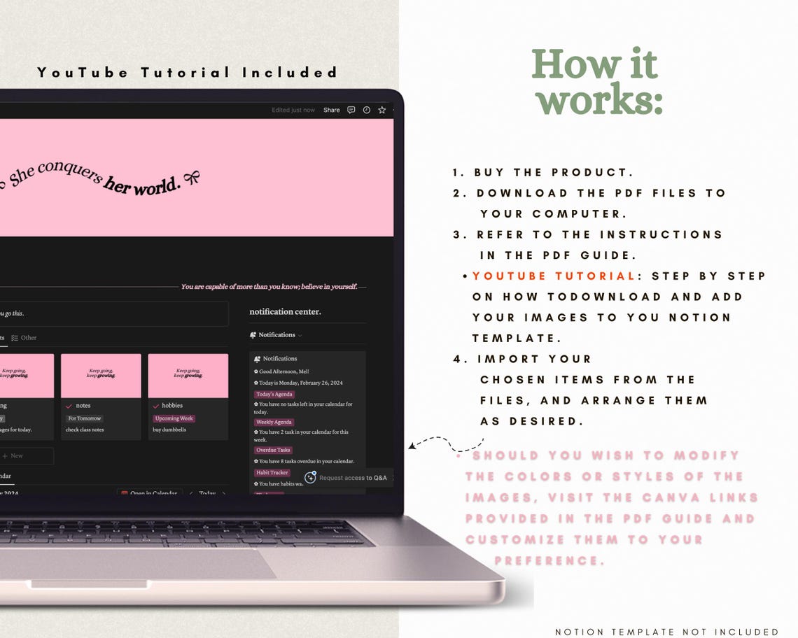 Notion Customization, Cute Aesthetic Bundle, That Girl Planner, Pink ...
