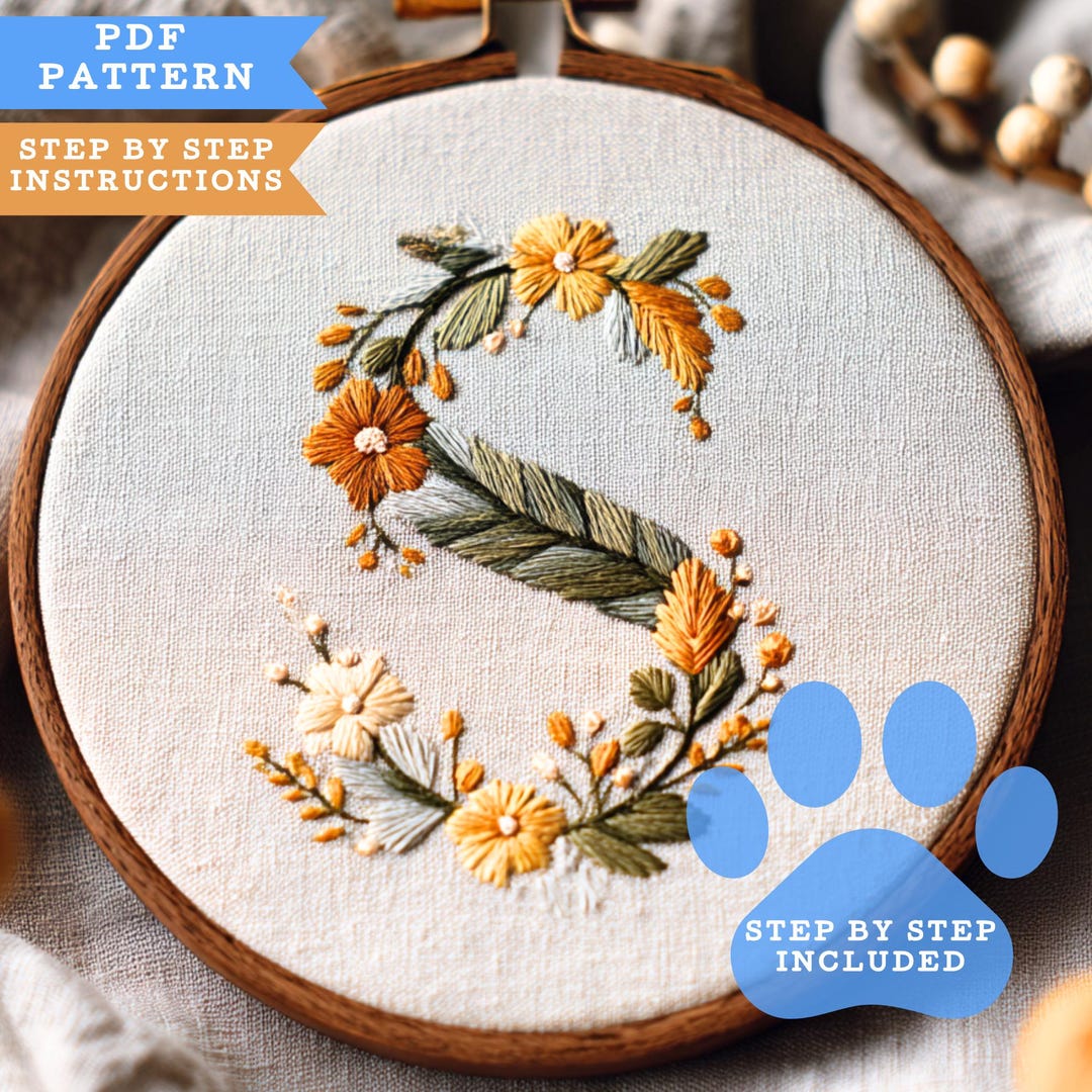 Fall Floral S Monogram Letter Hand Embroidery Pattern PDF | Design With ...