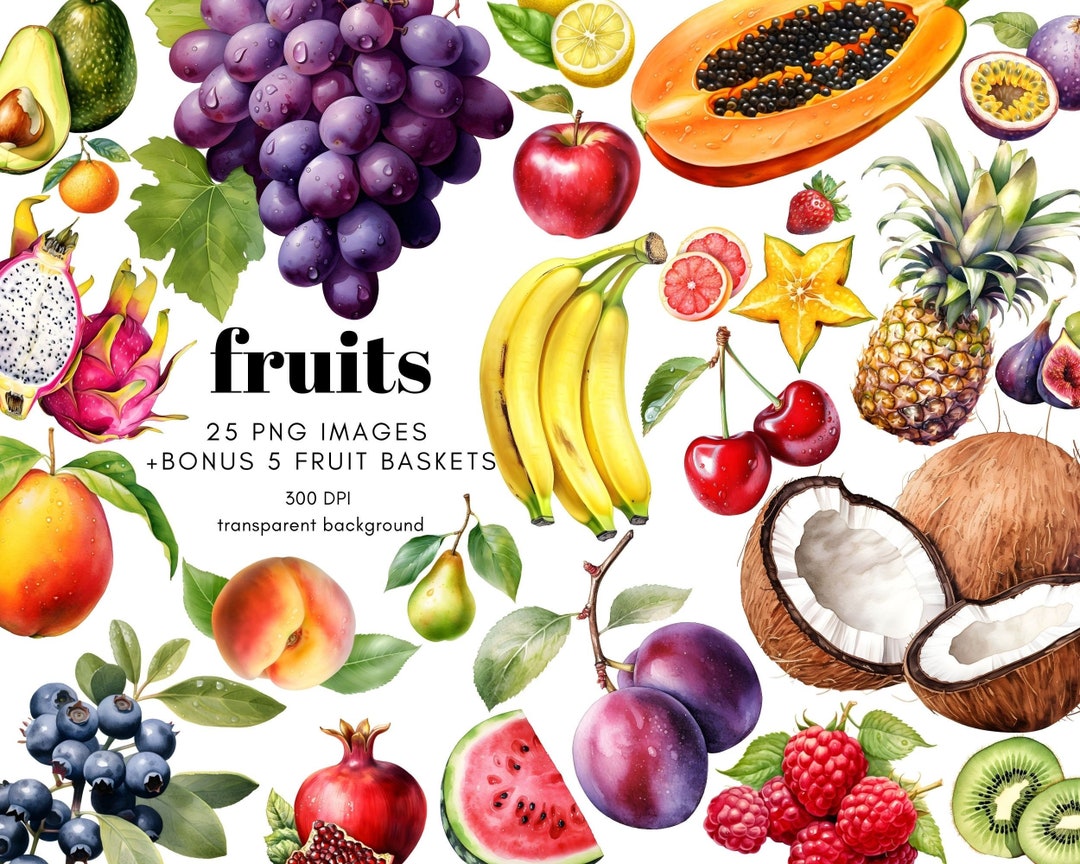 Fruits Clipart Bundle | Fruit Clipart Collection | 30 High-resolution ...