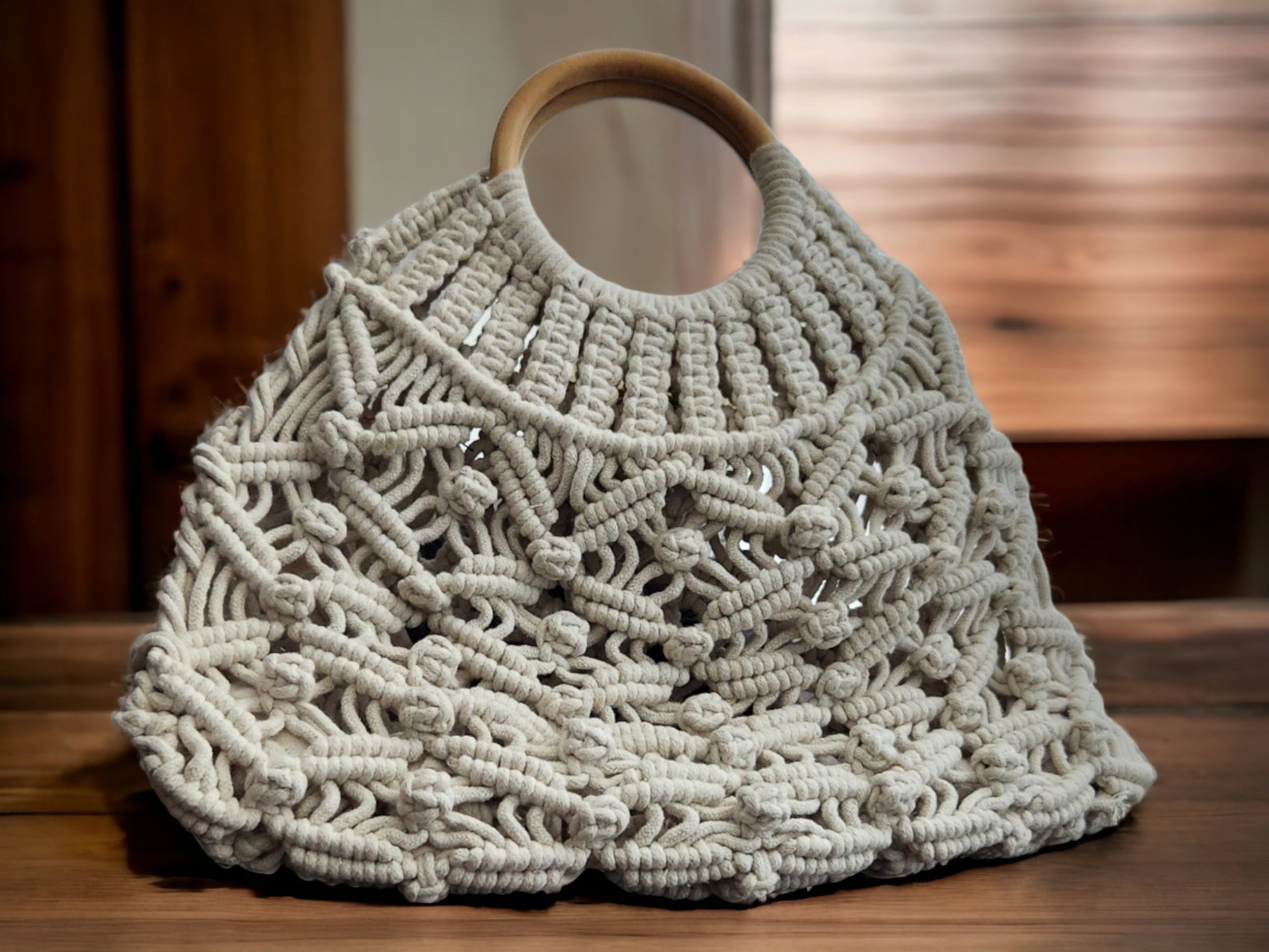 Crochet Macrame Bag With Wooden Handle, Crochet Wooden Handle Bag, Boho ...