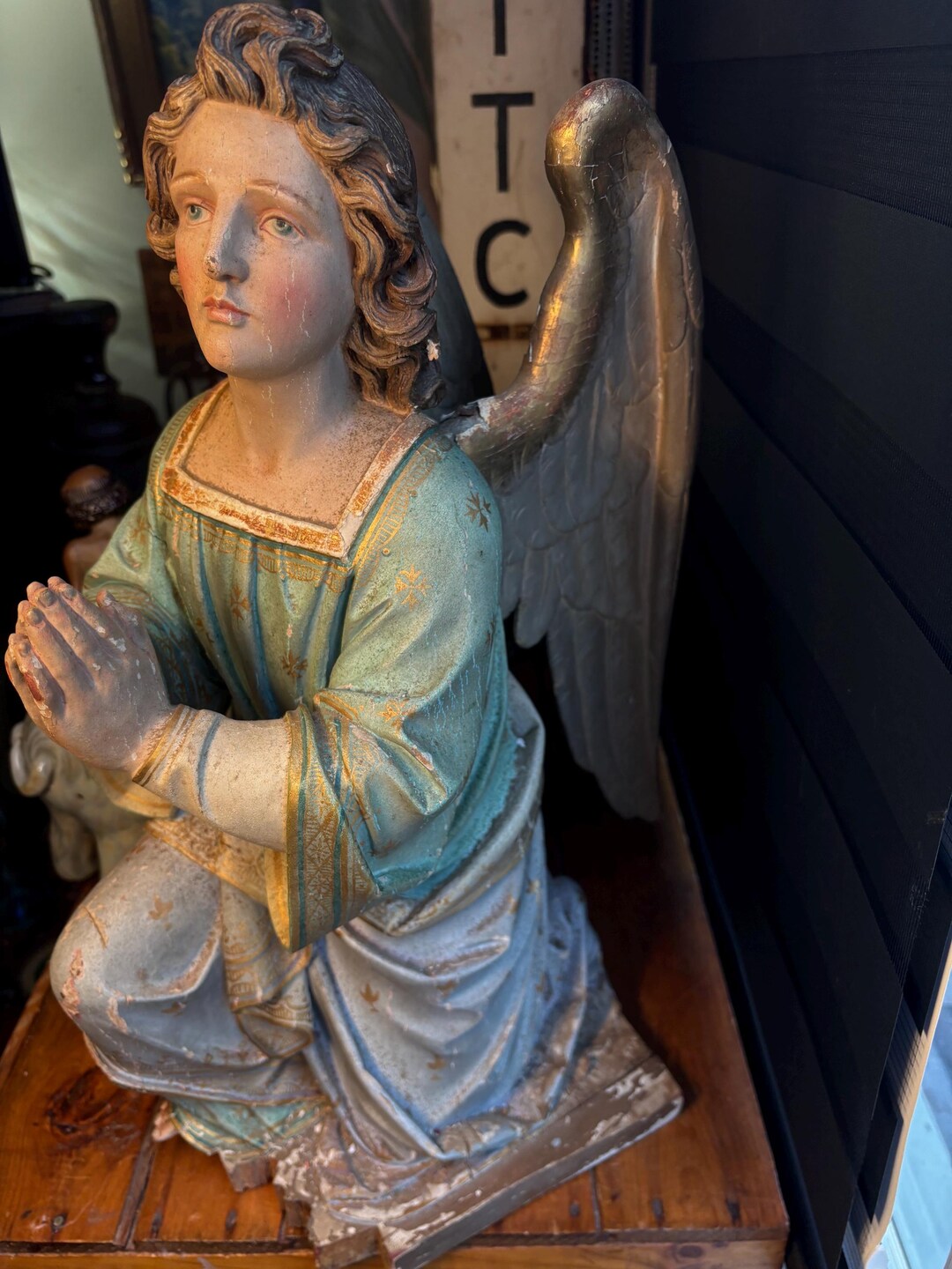 19th Century Wooden Hand Painted Church Alter Angel From a Quebec ...