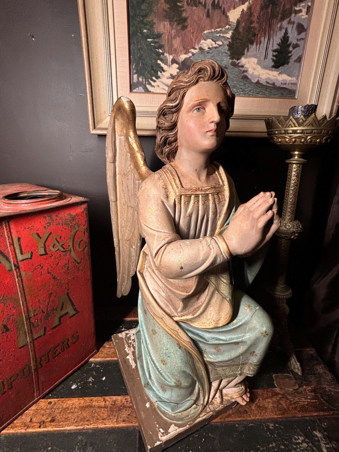 19th Century Large Wooden Hand Painted Church Alter Angel From a Quebec ...