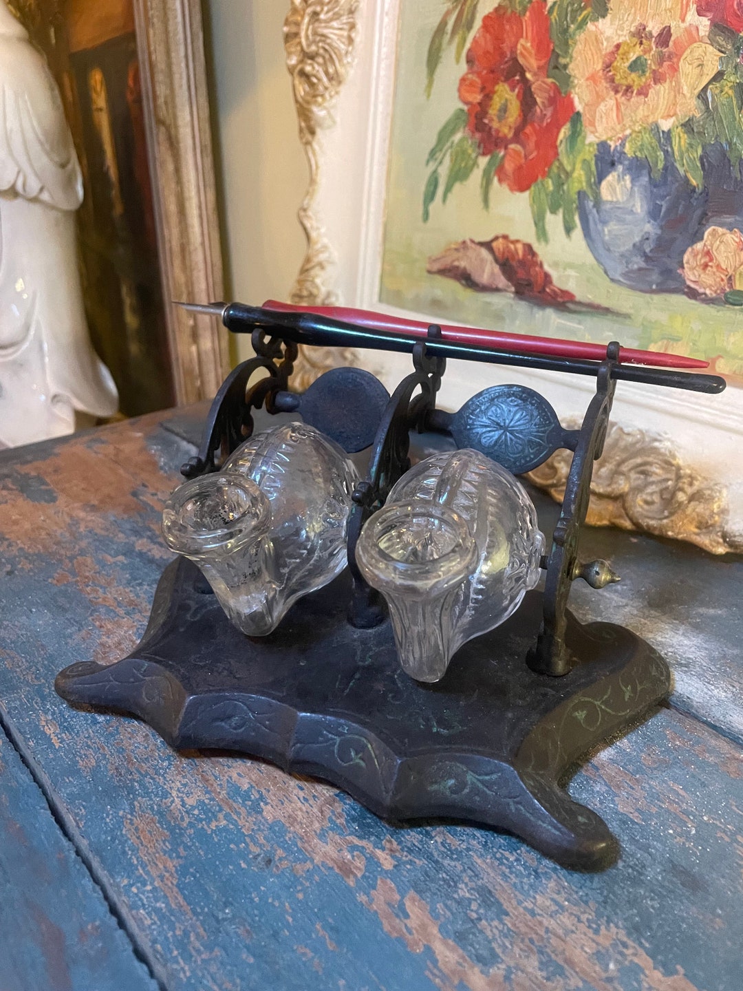Asian Dual Snail Inkwell Pen Holder Cast Iron and Glass, Dated 1878 - Etsy