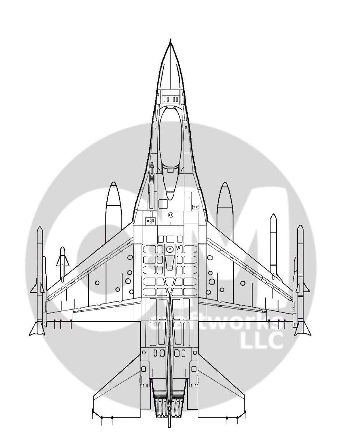 F-16C Block 50 Fighting Falcon 3x1 Configuration - Technical Line Art ...