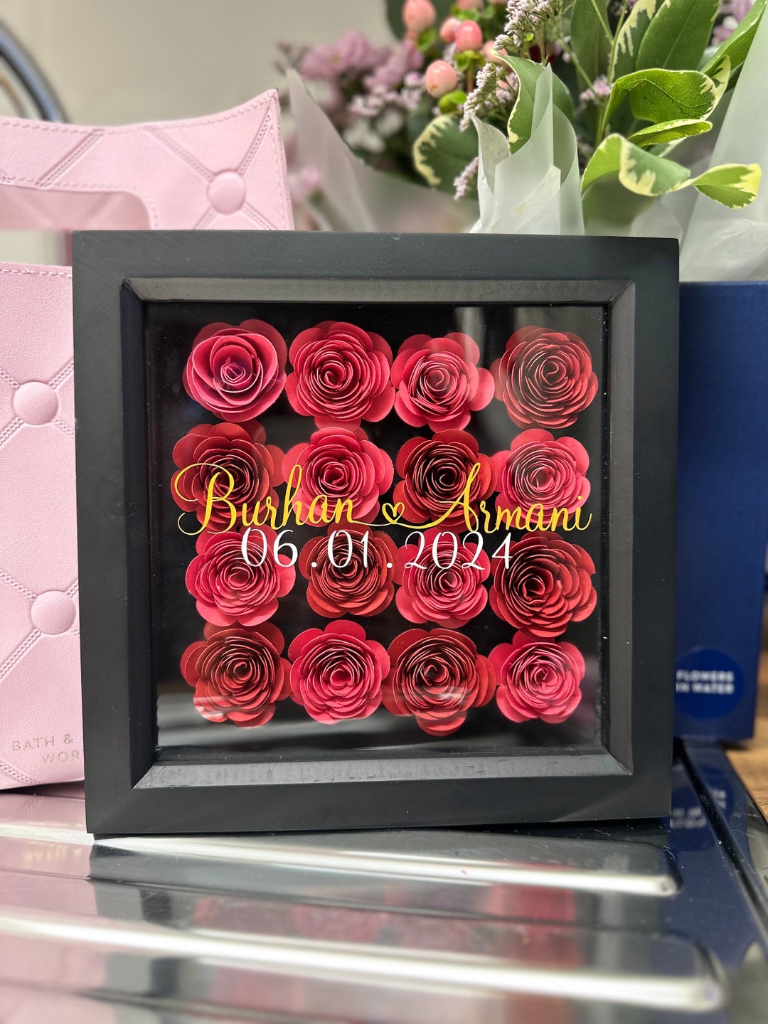 Personalised Paper Rose Shadow Box - Frame Size 18cm X 18cm | Baby ...