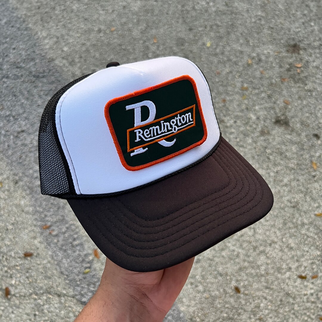 New Vintage Remington Black White Trucker Cap Hat High Crown Adjustable ...