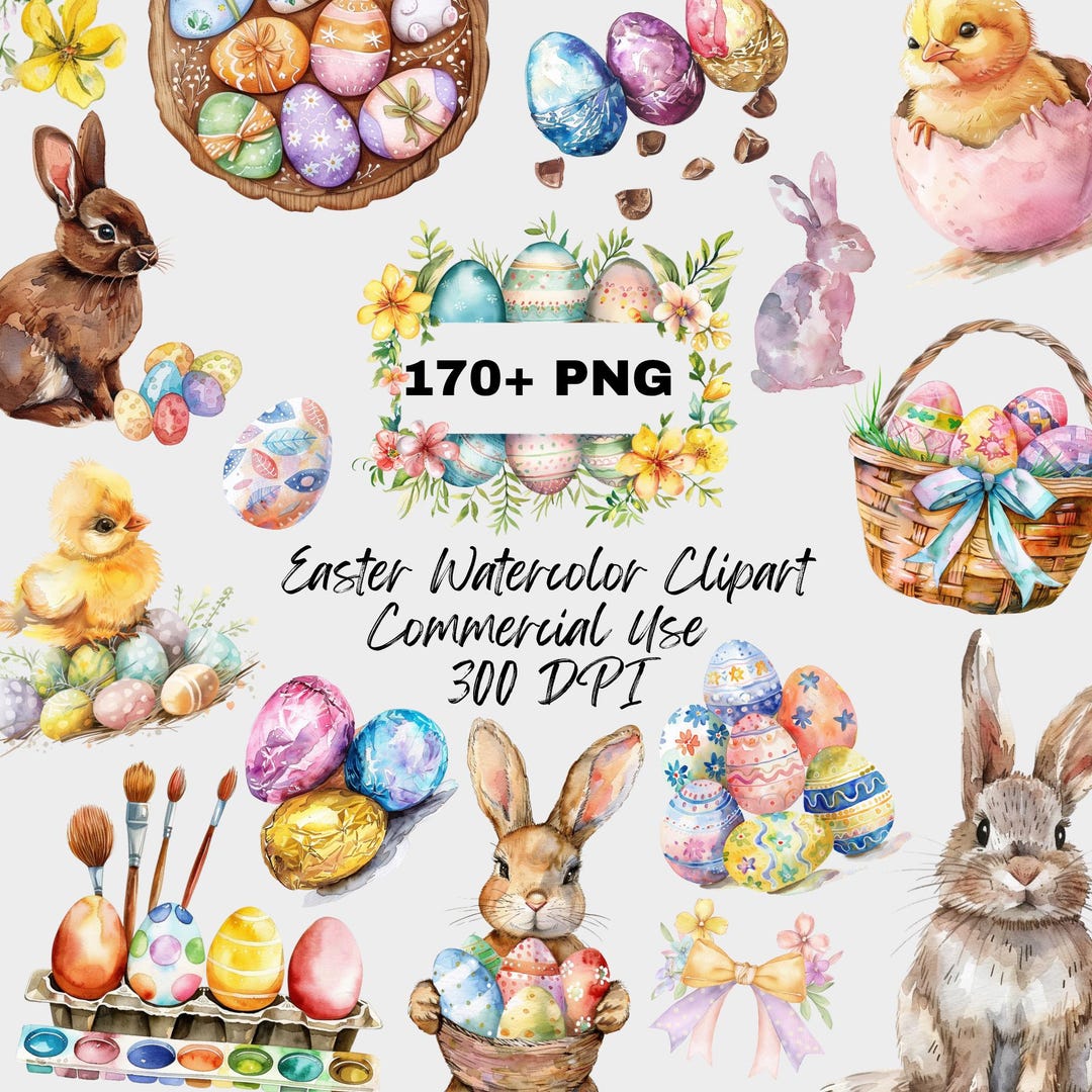Easter Watercolor Clipart Bundle | Bunnies, Eggs, Floral Graphics (170 ...