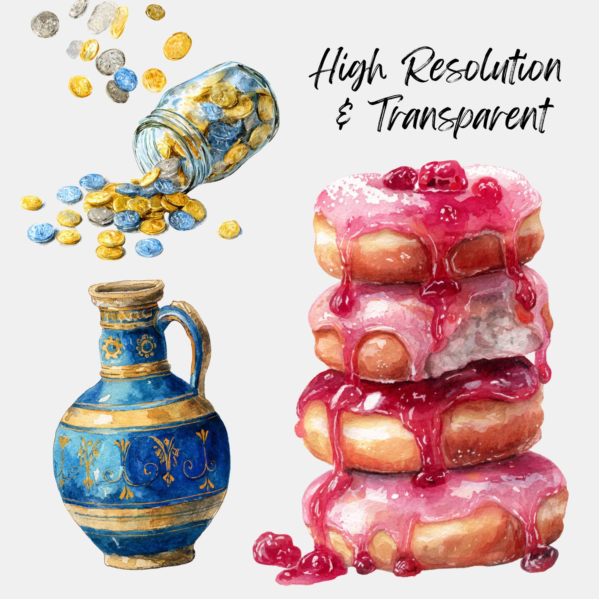 Watercolor Hanukkah Clipart: Menorah, Dreidel, Latkes (240 PNG ...