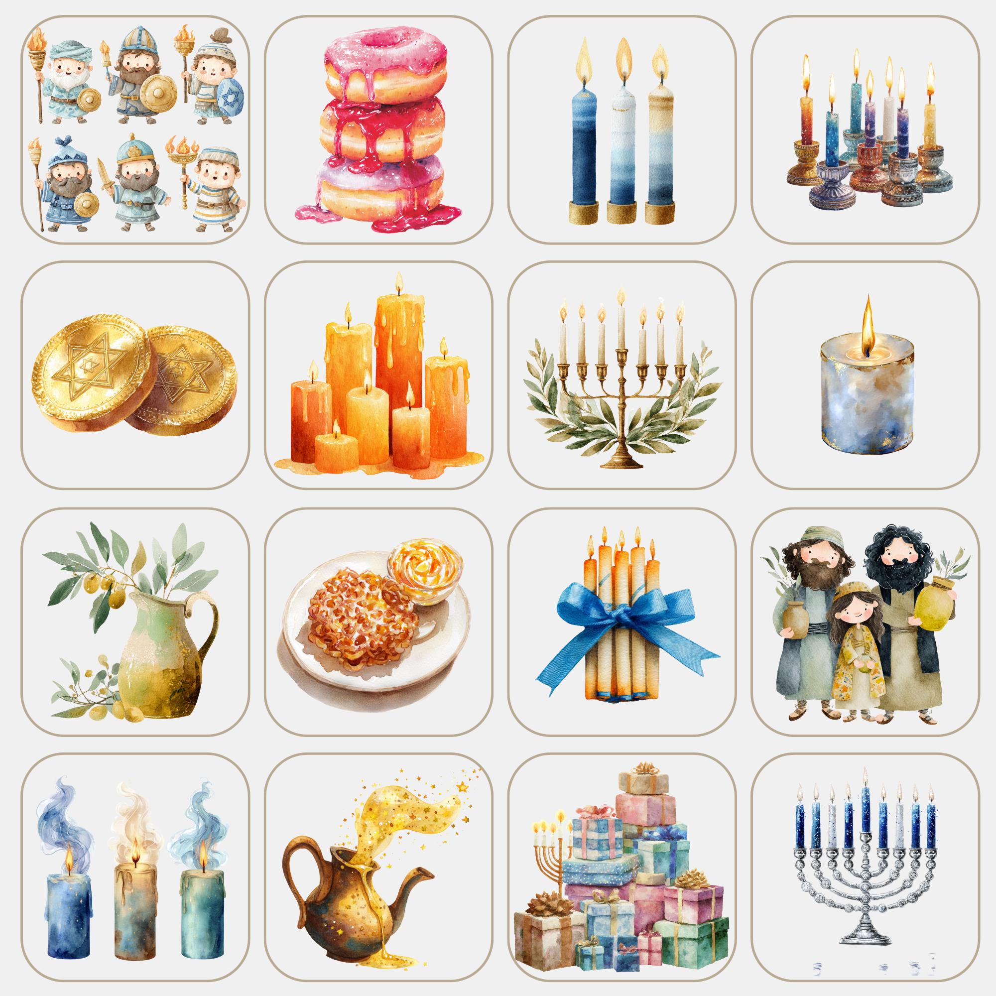 Watercolor Hanukkah Clipart: Menorah, Dreidel, Latkes (240 PNG ...