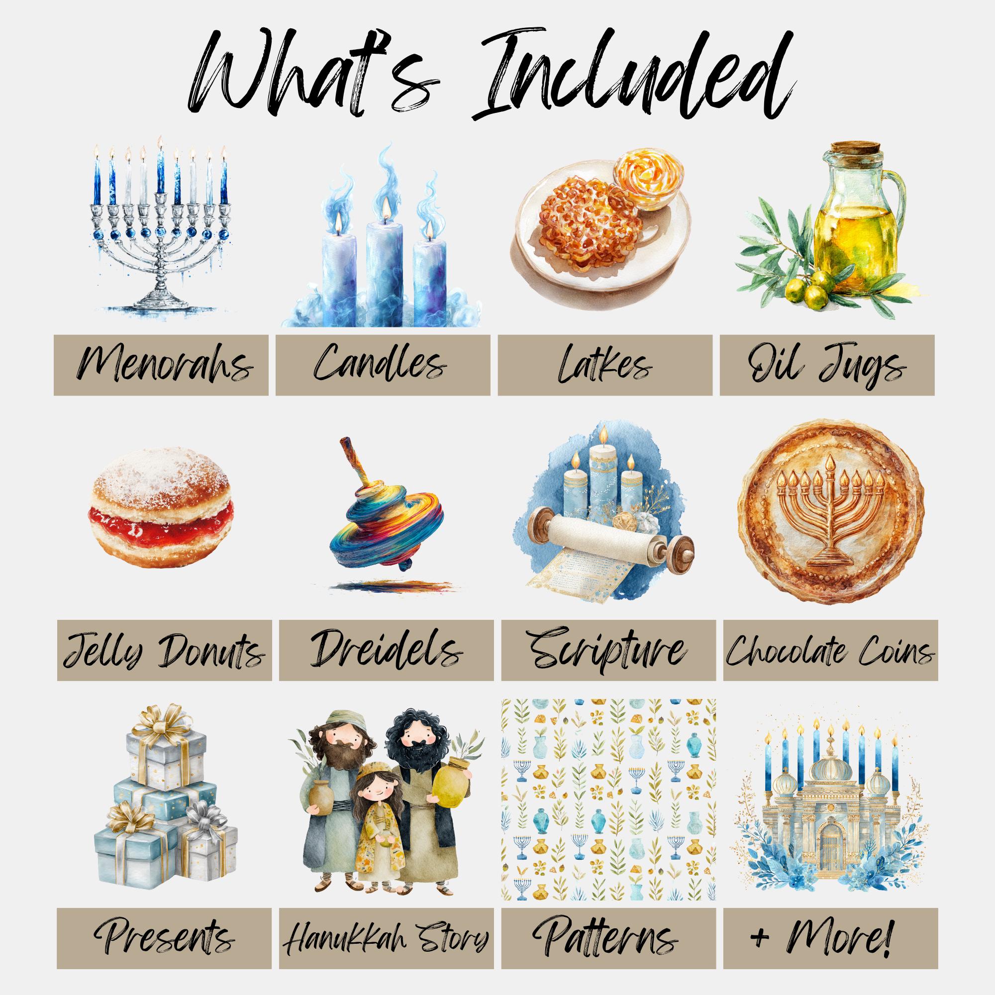 Watercolor Hanukkah Clipart: Menorah, Dreidel, Latkes (240 PNG ...