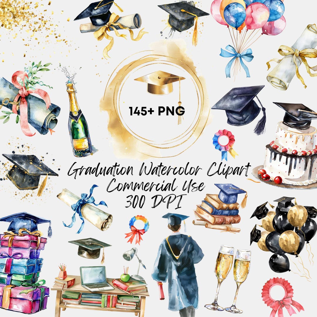 Graduation Watercolor Clipart Bundle | Caps, Diplomas, Party Graphics ...