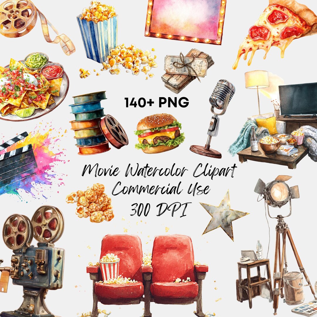 Watercolor Movie Night Clipart Bundle | Cinema Pngs (140+) - Etsy Australia